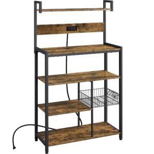 yaheetech bakers rack with power outlet, microwave stand with wire basket & 6 s-hooks, coffee bar station w/5-tier storage shelves, storage shelf unit for dinning room/living room, rustic brown