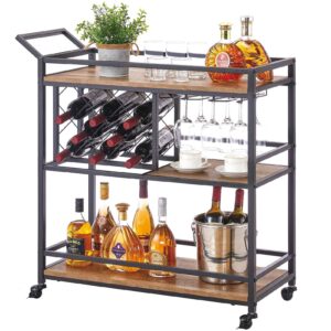 fatorri bar cart for the home, industrial rolling wine cart and liquor serving carts on wheels, rustic beverage cart and drink trolley with wine rack and glasses holder (rustic oak)