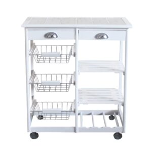 kitchen island cart on wheels,3 tiers rolling utility trolley cart with 2 drawers,basket & storage shelf,rolling kitchen island,coffee bar microwave stand cart with rolling wheels for kitchen(white)