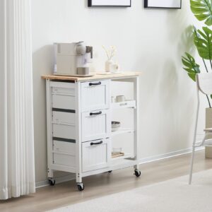 white mobile cart on wheels coffee bar w/2 drawers kitchen island cart with storage,rolling serving utility trolley cart on wheel with 3 drawers and 3 storage shelves, kitchen serving cart for bar