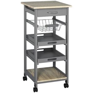 homcom mobile rolling kitchen island trolley serving cart with underneath drawer & slide-out wire storage basket, grey