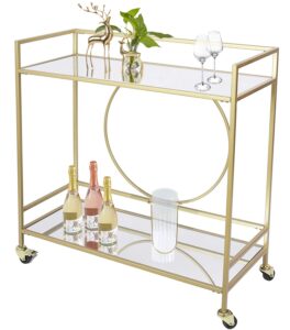 ritesune gold mirror rolling serving bar cart on lockable wheels, wine drink liquor cart stand for home kitchen storage, living room, club party, christmas, new year