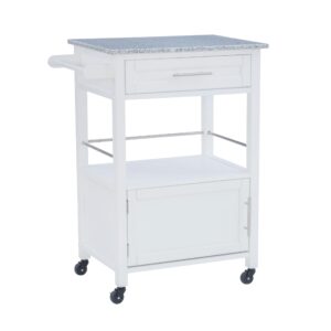 white linon storage cart on wheels with granite top. great for small kitchens!!