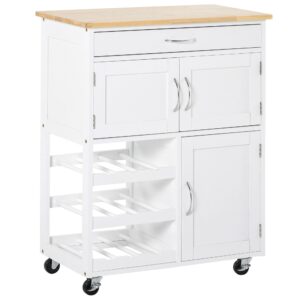 homcom bar cart rolling kitchen island on wheels with 9-bottle wine rack, small kitchen cart with wide drawer, kitchen storage cabinets, wooden countertop, white