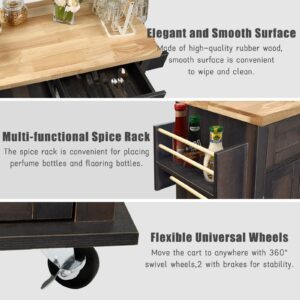 NSdirect Kitchen Island Cart,Kitchen Bar&Serving Cart Rolling on Wheels with Spice Rack Towel Holder Utility Storage Trolley with Storage Drawers for Home Hotel Kitchen Dinning Room (Dark Brown)