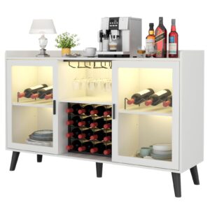 auromie wine bar cabinet with led light, home coffee cabinet with wine and glass rack, kitchen buffet sideboard with storage shelves, freestanding liquor cabinet for living room, dining room (white)