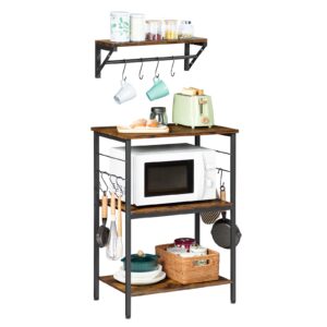 HOOBRO Bakers Rack with Floating Shelf, Microwave Stand with Shelves, Versatile Coffee Bar with 12 Hooks, for Kitchen, Entryway, Living Room, Dining Room, Office, Rustic Brown BF08HB01