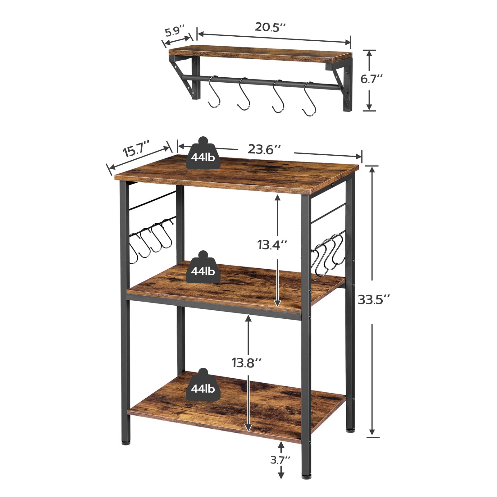 HOOBRO Bakers Rack with Floating Shelf, Microwave Stand with Shelves, Versatile Coffee Bar with 12 Hooks, for Kitchen, Entryway, Living Room, Dining Room, Office, Rustic Brown BF08HB01