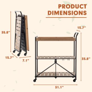 MELLCOM Folding Bar Cart Kitchen Serving Cart on Lockable Wheels 3-Tier Rolling Utility Cart with Glass Holders for Home Kitchen, Rustic Brown