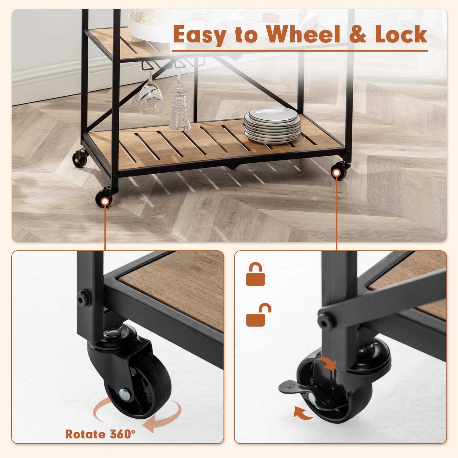 MELLCOM Folding Bar Cart Kitchen Serving Cart on Lockable Wheels 3-Tier Rolling Utility Cart with Glass Holders for Home Kitchen, Rustic Brown