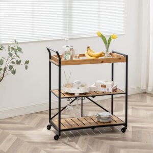 MELLCOM Folding Bar Cart Kitchen Serving Cart on Lockable Wheels 3-Tier Rolling Utility Cart with Glass Holders for Home Kitchen, Rustic Brown