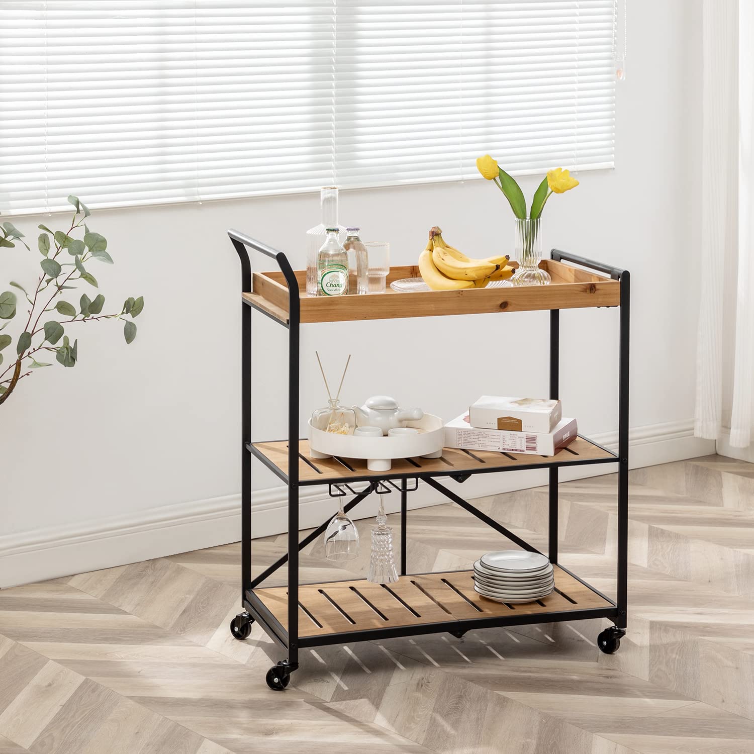 MELLCOM Folding Bar Cart Kitchen Serving Cart on Lockable Wheels 3-Tier Rolling Utility Cart with Glass Holders for Home Kitchen, Rustic Brown