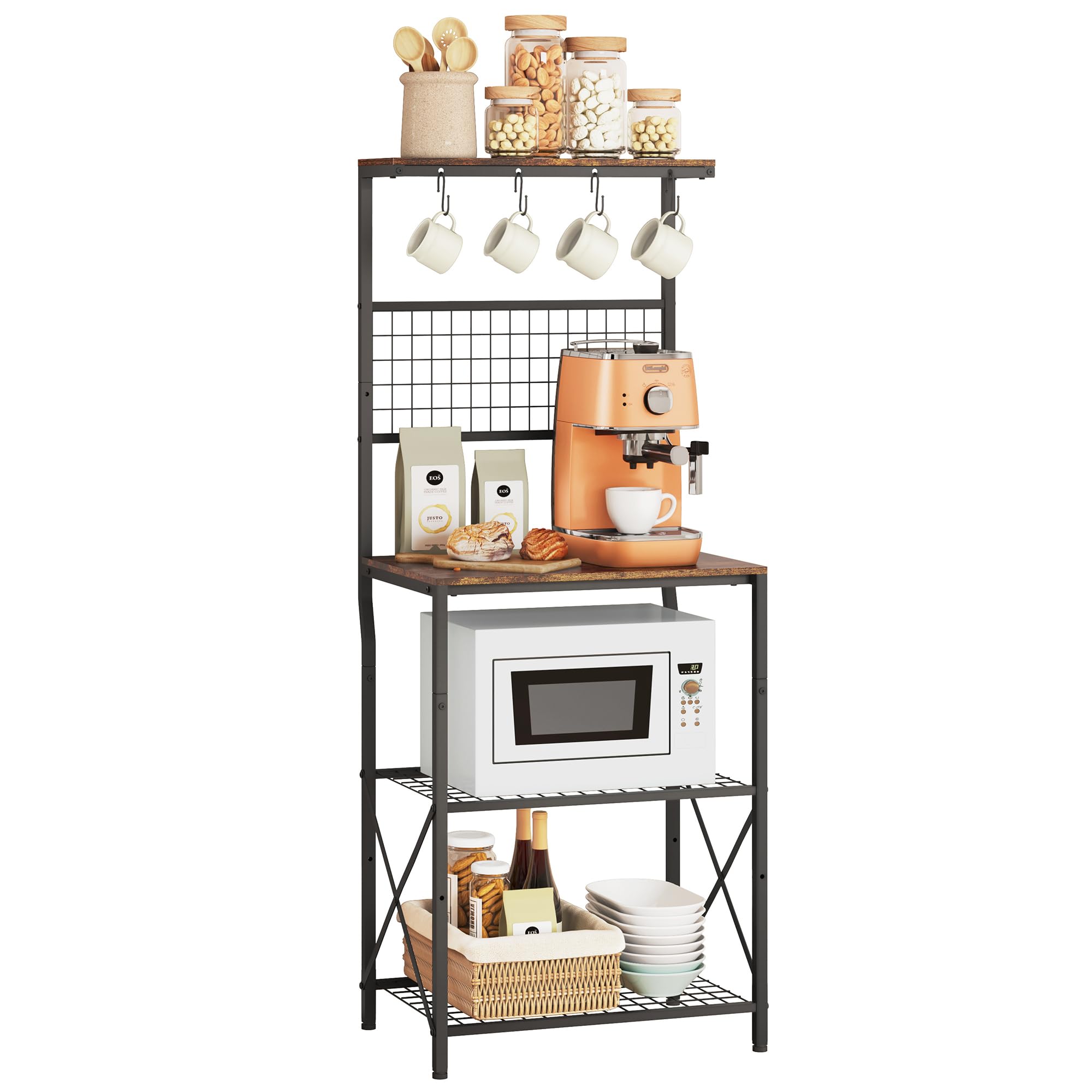 Gewudraw Kitchen Bakers Rack, Microwave Stand 4 Tiers, Kitchen Storage Rack with 4 Hooks - Rustic Brown (No Power Outlets)