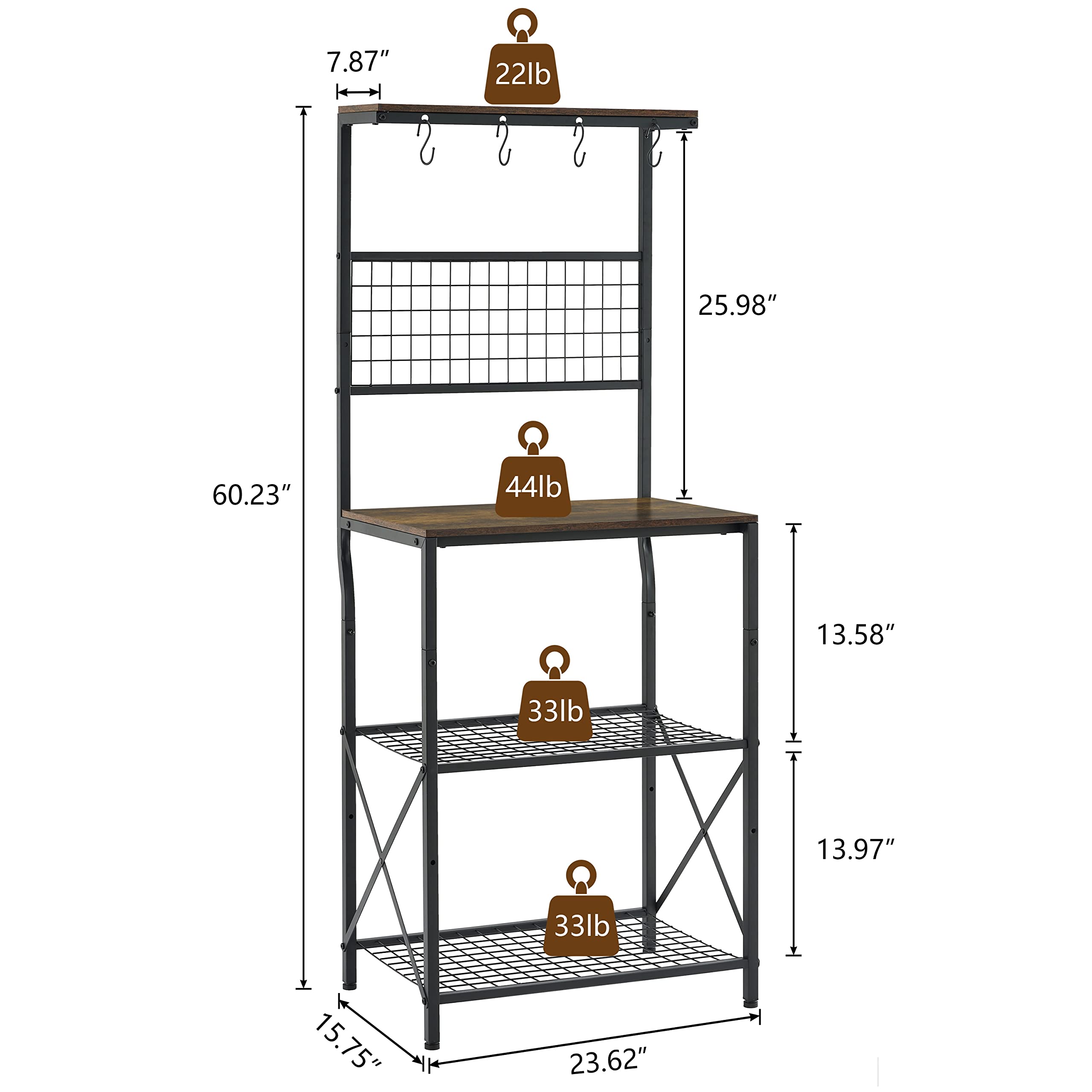 Gewudraw Kitchen Bakers Rack, Microwave Stand 4 Tiers, Kitchen Storage Rack with 4 Hooks - Rustic Brown (No Power Outlets)