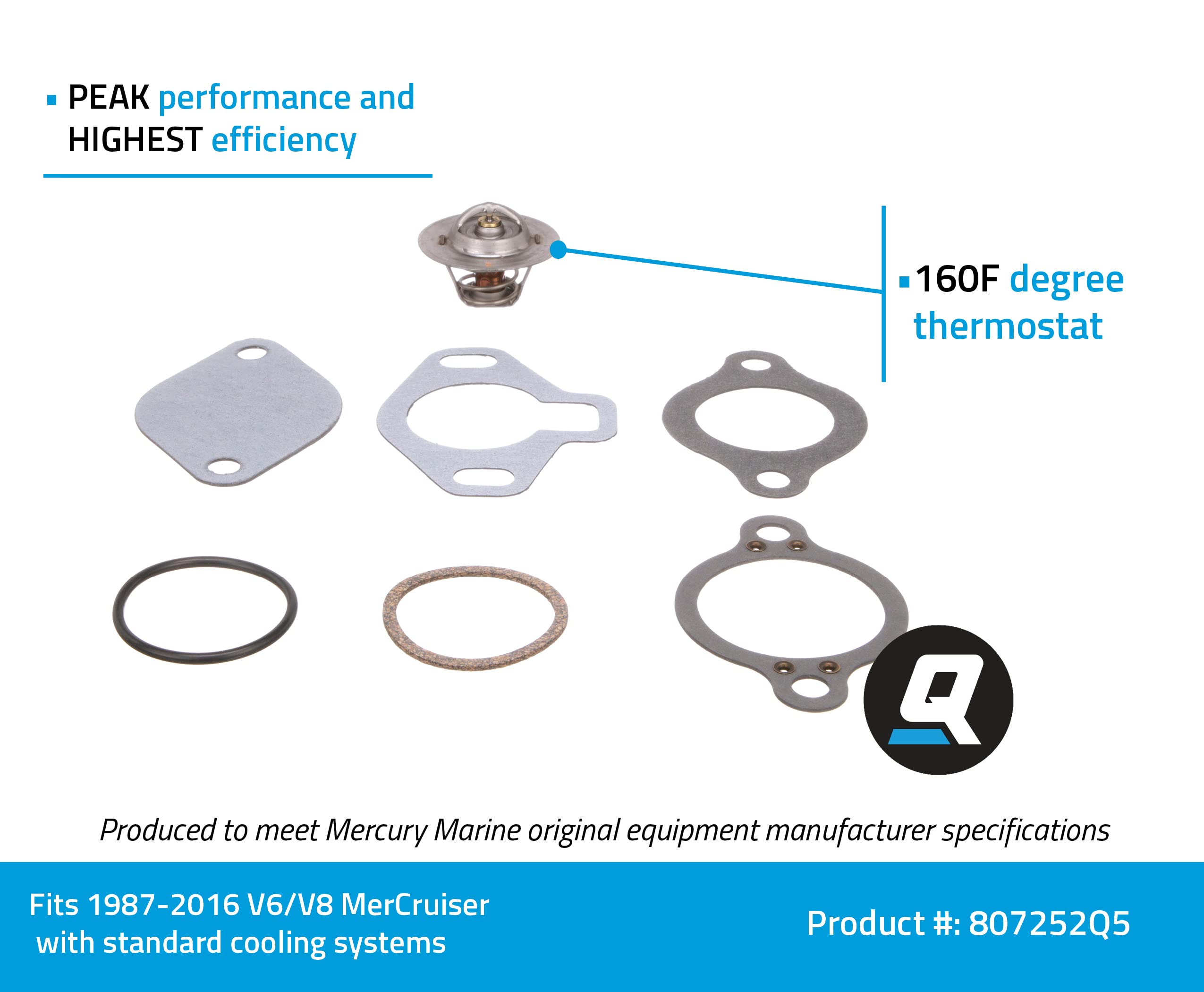 Quicksilver 807252Q5 Replacement Thermostat 160 Degree for V-6 and V-8 MerCruiser Engines from 1987-2016