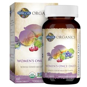 garden of life organics multivitamin for women - women's once daily multi - 60 tablets, whole food multi with iron, biotin, vegan organic vitamin for women's health, energy hair skin and nails