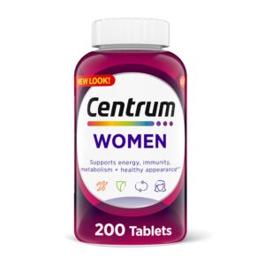 centrum multivitamin tablet for women, multivitamin/multimineral supplement with iron, vitamin d3, b vitamins and antioxidant vitamins c and e, gluten free, non-gmo ingredients - 200 count