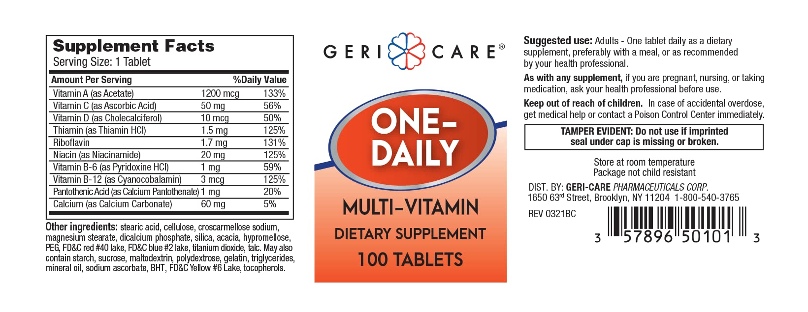 GeriCare One-Daily Multi-Vitamin Tablets Dietary Suplement 100 Count (Pack of 1)