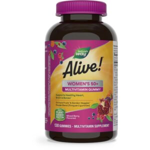 nature's way alive! women’s 50+ daily gummy multivitamin, supports multiple body systems*, supports healthy heart, brain & bones*, b-vitamins, mixed berry flavored,130 gummies (packaging may vary)