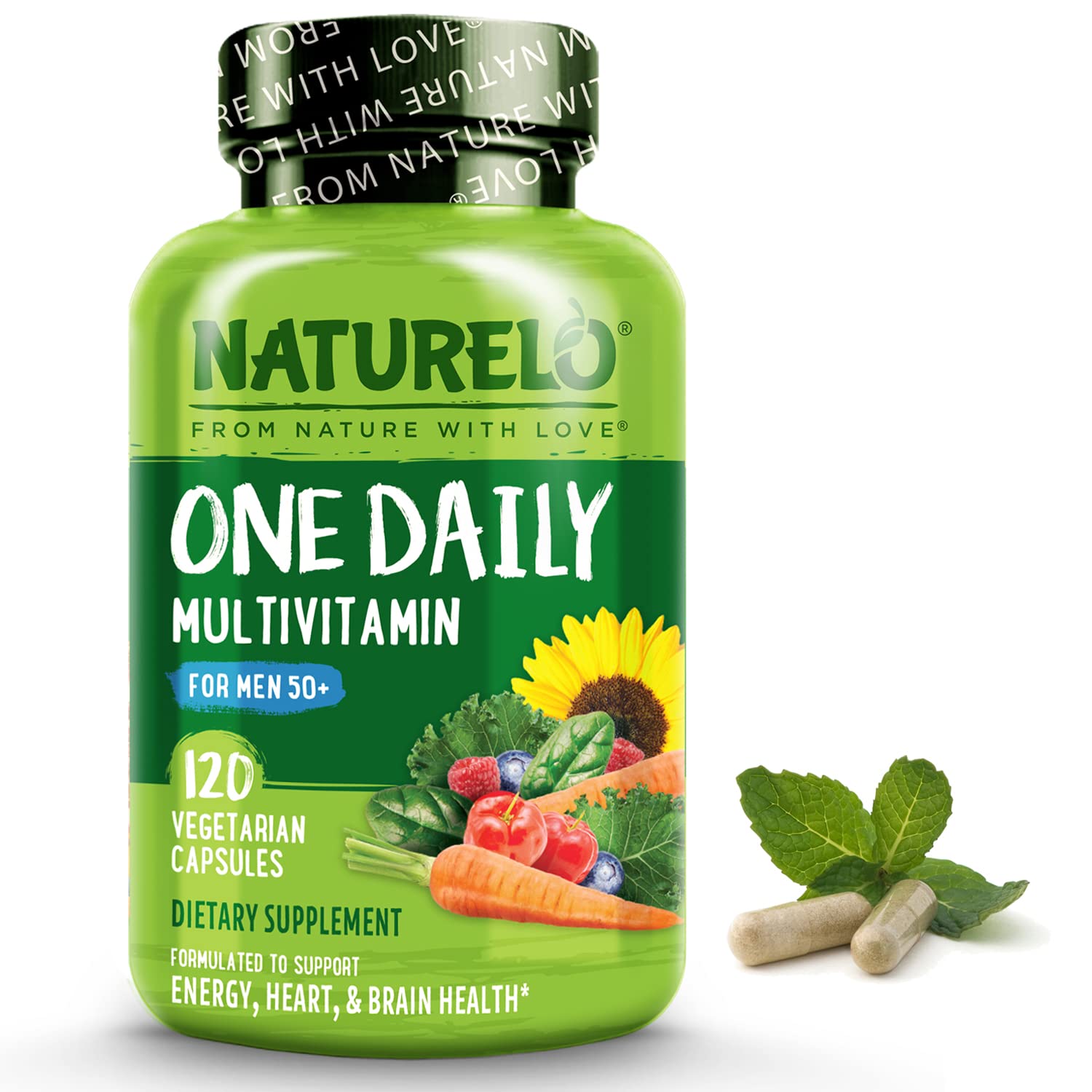 NATURELO Mens Multivitamins for Men 50+ - One Daily Multivitamin for Men with Vitamins, Minerals & Organic Whole Foods, Boost Energy & Health, Non-GMO, 120 Vegetarian Capsules