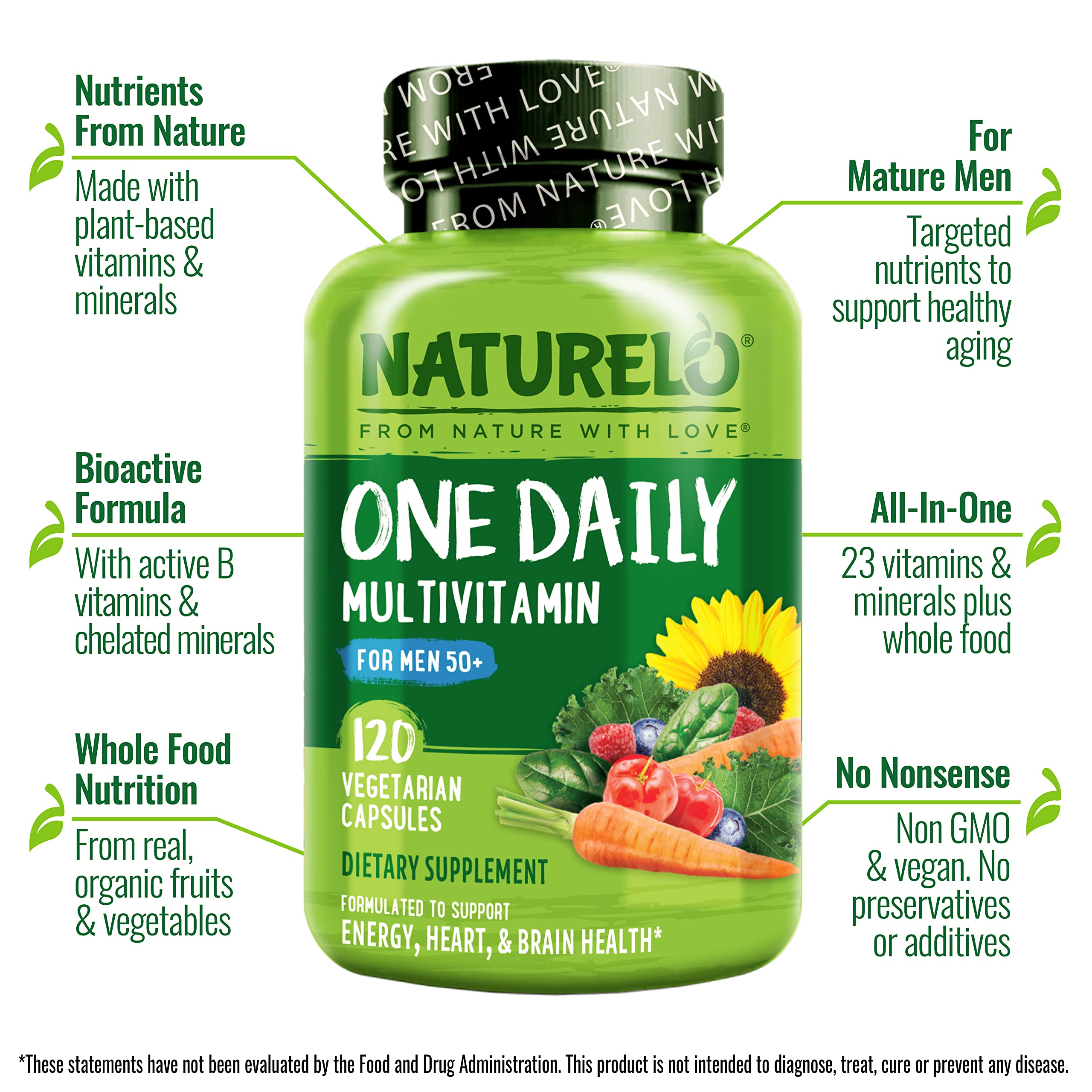 NATURELO Mens Multivitamins for Men 50+ - One Daily Multivitamin for Men with Vitamins, Minerals & Organic Whole Foods, Boost Energy & Health, Non-GMO, 120 Vegetarian Capsules