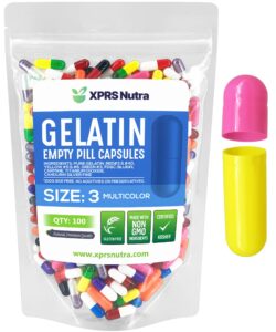 xprs nutra size 3 empty capsules - 100 count empty gelatin capsules - empty pill capsules - diy capsule filling - pure bovine pill capsules empty gel caps (multi color)