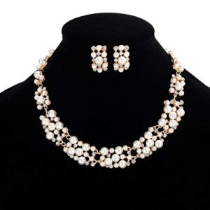 LadayPoa BE Pearl Gold Plated Simple Elegant Bridal necklace earring Jewelry Sets Kit Gift BP(Gold & White pearls)