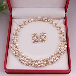 ladaypoa be pearl gold plated simple elegant bridal necklace earring jewelry sets kit gift bp(gold & white pearls)