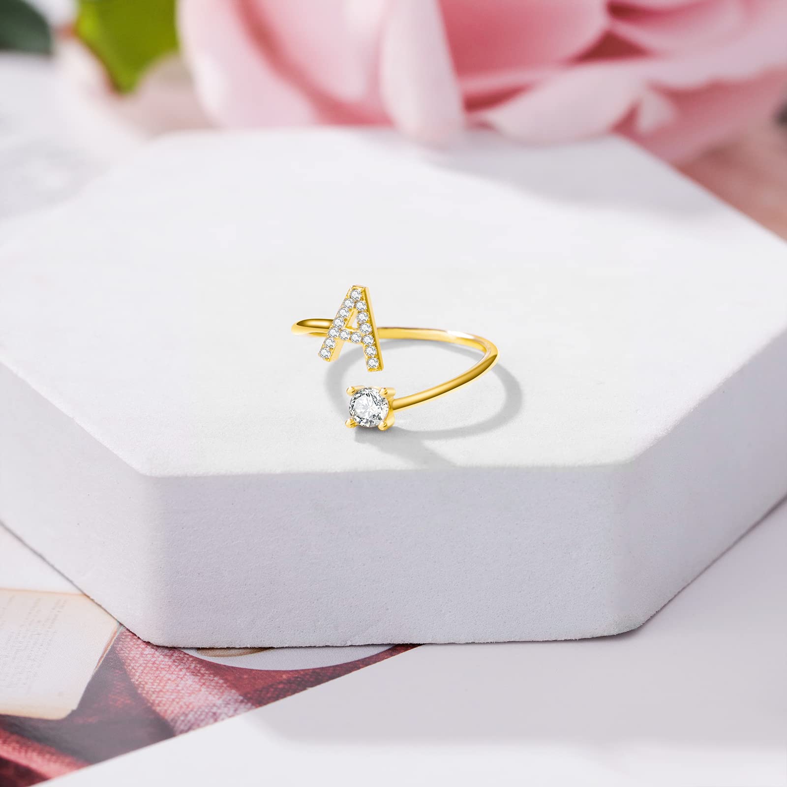 Haoze Initial Letter Ring for Women Gold Stackable Alphabet Rings with Initial Adjustable Crystal Inlaid Initial Rings Bridesmaid Gift(A Gold)