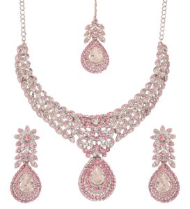 touchstone indian wedding jewelry sets for women necklace bollywood jewellery set pink and silver desi bridal designer necklaces earrings artificial joyeria rhinestone crystal fancy in white tone