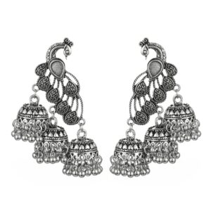 jhumka tassel drop earrings indian ethnic vintage earring peacock statement oxidized antique traditional jhumki earring for women party festival boho bohemian bollywood jewelry gift (silver)