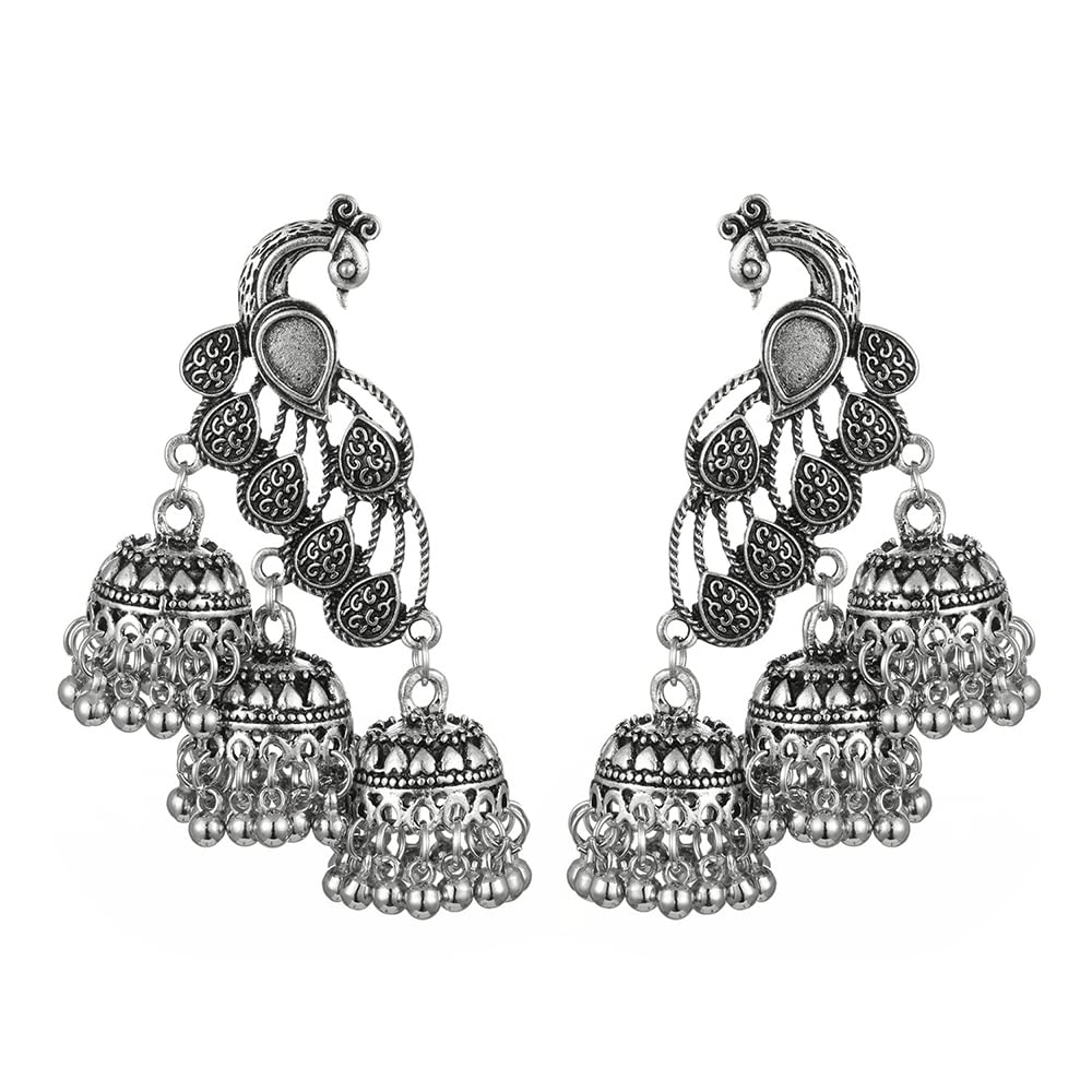 Jhumka Tassel Drop Earrings Indian Ethnic Vintage Earring Peacock Statement Oxidized Antique Traditional Jhumki Earring for Women Party Festival Boho Bohemian Bollywood Jewelry Gift (Silver)