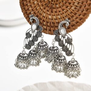 Jhumka Tassel Drop Earrings Indian Ethnic Vintage Earring Peacock Statement Oxidized Antique Traditional Jhumki Earring for Women Party Festival Boho Bohemian Bollywood Jewelry Gift (Silver)