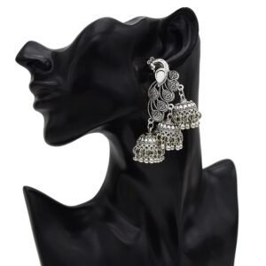 Jhumka Tassel Drop Earrings Indian Ethnic Vintage Earring Peacock Statement Oxidized Antique Traditional Jhumki Earring for Women Party Festival Boho Bohemian Bollywood Jewelry Gift (Silver)