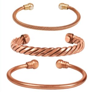 touchstone copper magnetic bracelet tibetan style. hand forged with solid and high gauge pure copper. set of 3 different designs in twisted pipe braided wires style.