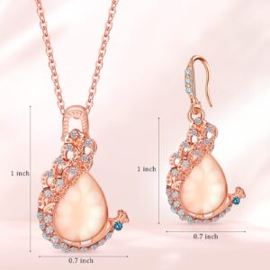 MTLEE 4 Sets Peacock Jewelry for Women, Valentine's Day Gifts Crystal Necklace Earrings, Rhinestone Waterdrop Pendant, Heart Charm Hook Earrings for Birthday Party Gifts