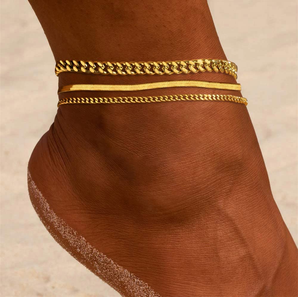 DEARMAY Gold Anklets for Women Waterproof Ankle Bracelets for Women 14K Gold Plated Cuban Link Anklet Bracelets for Women Layered Herringbone Cute Anklets Set Jewelry Gift for Women Teen