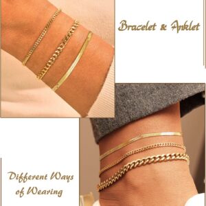 DEARMAY Gold Anklets for Women Waterproof Ankle Bracelets for Women 14K Gold Plated Cuban Link Anklet Bracelets for Women Layered Herringbone Cute Anklets Set Jewelry Gift for Women Teen