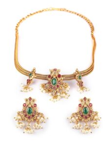 priyaasi indian choker jewelry set for women | festive kemp stone jewellery | peacock-inspired design | gold-plated | brass metal | pearl drop | indian bridal jewelry set for wedding