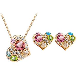 women necklace earring colorful heart pendant girl chain collar ear studs party wedding jewellery set love gift practical treatment