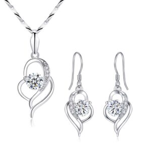 silver jewellery set for women, 925 sterling silver heart dangle drop earrings & 45cm necklace pendant set, with white cubic zirconia, jewellery for mother wife girlfriend for bridal bridesmaid