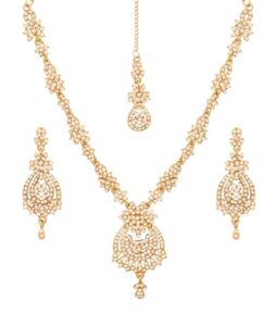 touchstone indian bollywood trends filigree floral pattern sparkling rhinestone designer jewelry necklace set mangtika in antique gold tone for women.