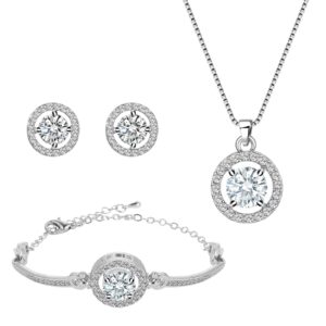 crystal jewelry set for women silver cubic zirconia cz jewellery bridal pendant necklace bracelet earrings set for wedding bride bridesmaids jewelry set