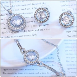 Crystal Jewelry Set for Women Silver Cubic Zirconia CZ Jewellery Bridal Pendant Necklace Bracelet Earrings Set for Wedding Bride Bridesmaids Jewelry Set