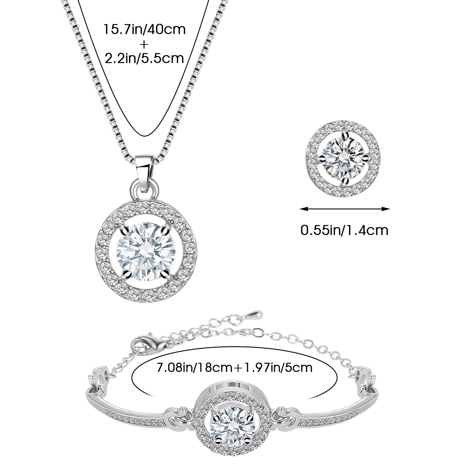 Crystal Jewelry Set for Women Silver Cubic Zirconia CZ Jewellery Bridal Pendant Necklace Bracelet Earrings Set for Wedding Bride Bridesmaids Jewelry Set