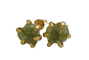 handmade large 6-8mm raw peridot gem sterling silver stud earrings - gemstone jewelry gift ideas for women - march birthstone (yellow-gold-plated-silver)