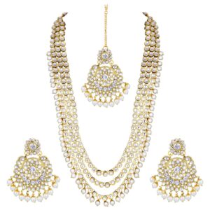 aheli indian ethnic wedding faux kundan beaded bridal long necklace earrings with maang tikka traditional jewellery set for women