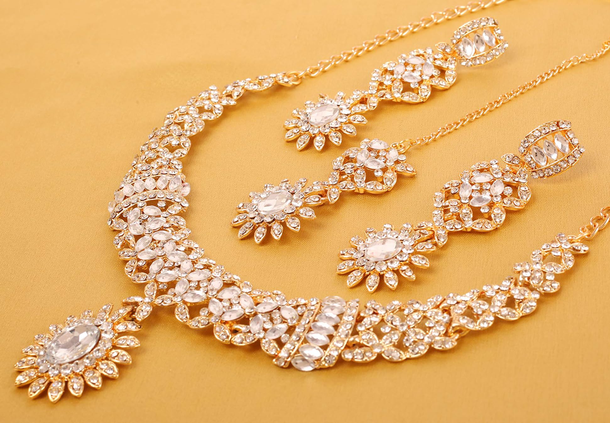 Touchstone Indian Bollywood Bollywood Silver Screen Desire Traditional Illustrious Filigree Sparkling Rhinestones Charming Look Designer Jewelry Hasli Necklace Set In Gold Tone For Women