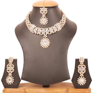 Touchstone Indian Bollywood Bollywood Silver Screen Desire Traditional Illustrious Filigree Sparkling Rhinestones Charming Look Designer Jewelry Hasli Necklace Set In Gold Tone For Women