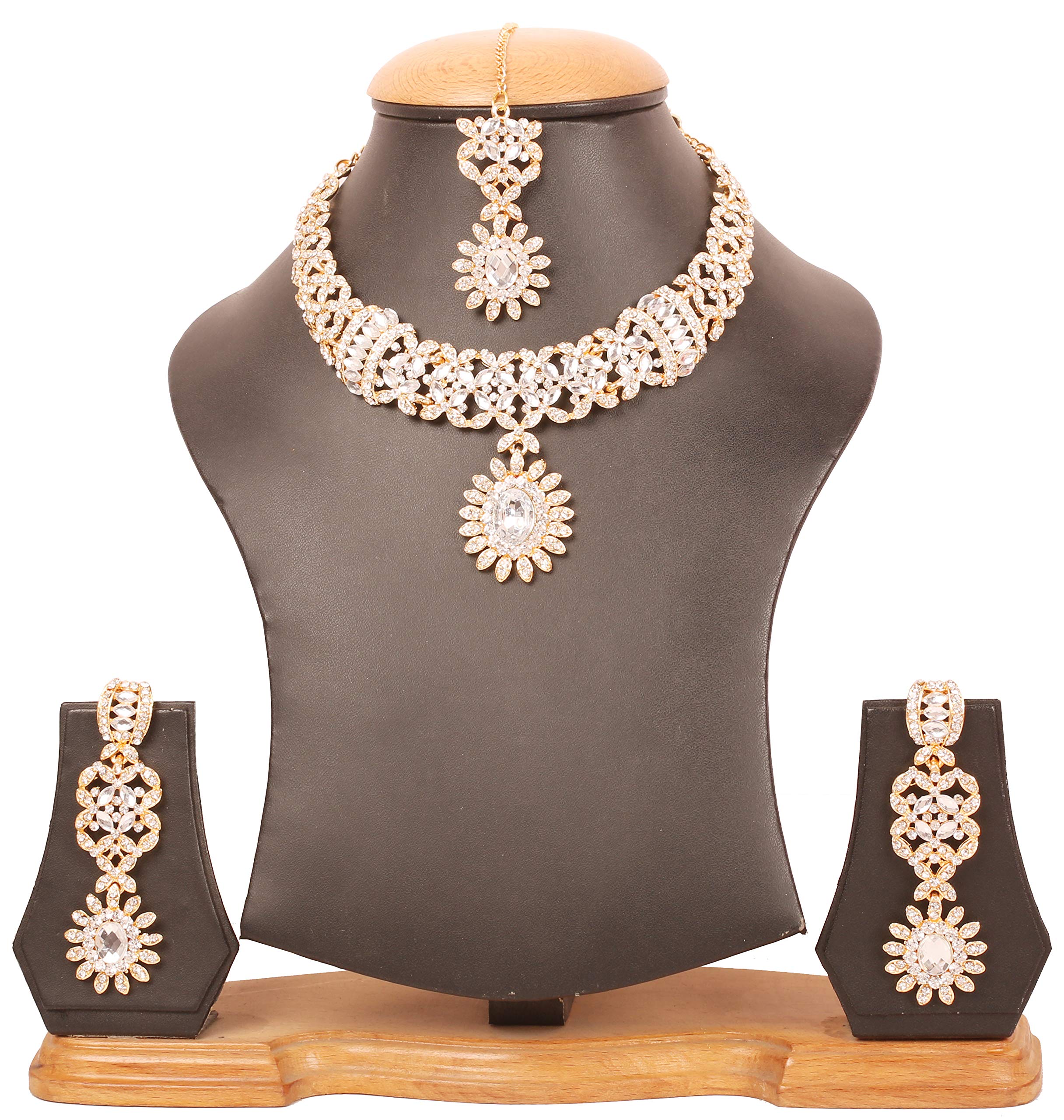 Touchstone Indian Bollywood Bollywood Silver Screen Desire Traditional Illustrious Filigree Sparkling Rhinestones Charming Look Designer Jewelry Hasli Necklace Set In Gold Tone For Women